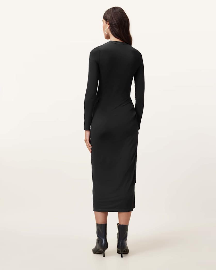 Rivi Draped Long Sleeve Midi Dress Black | ALLSAINTS
